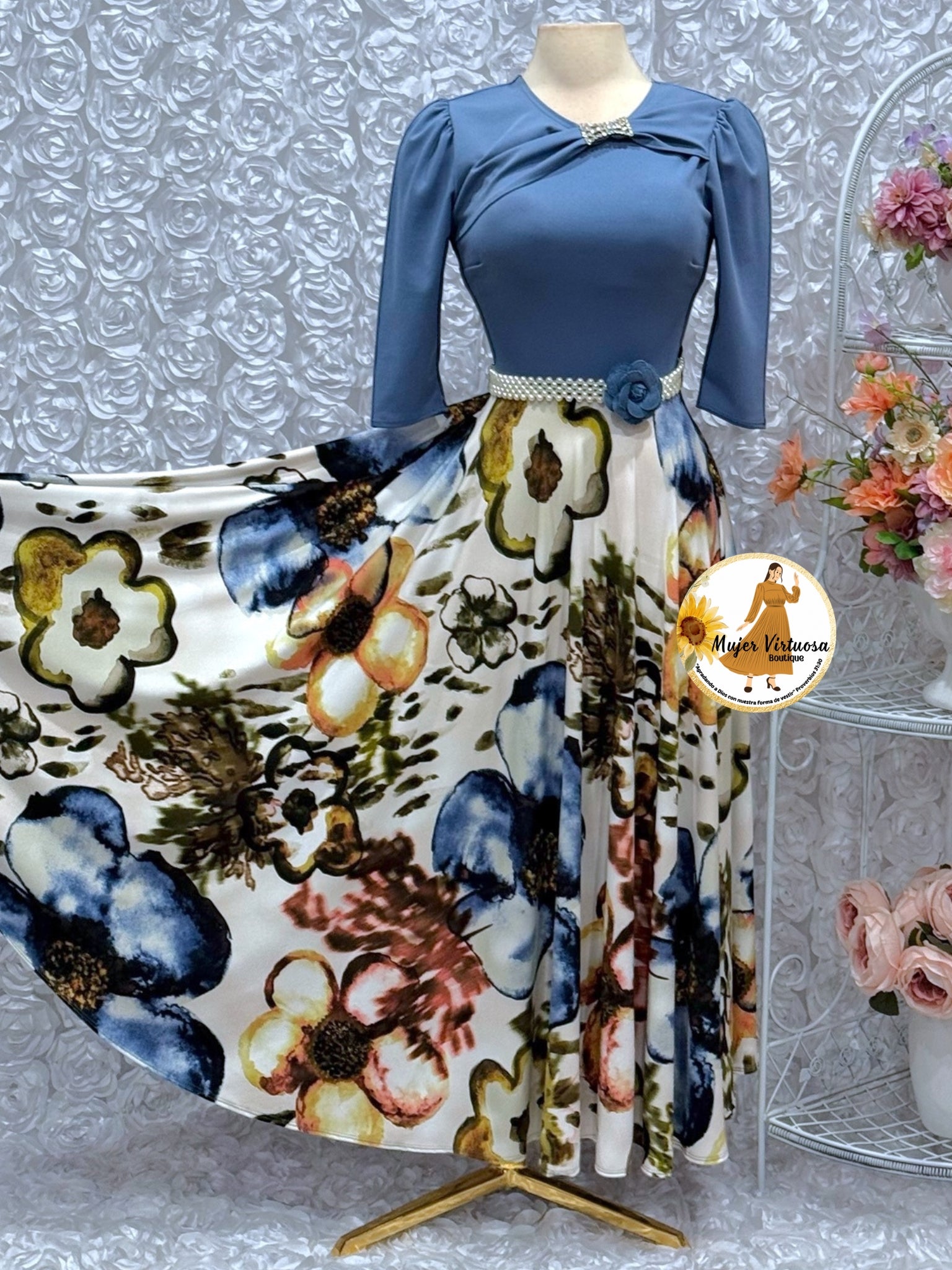 Rosalie Denim Blue Floral Dress – Mujer Virtuosa Boutique